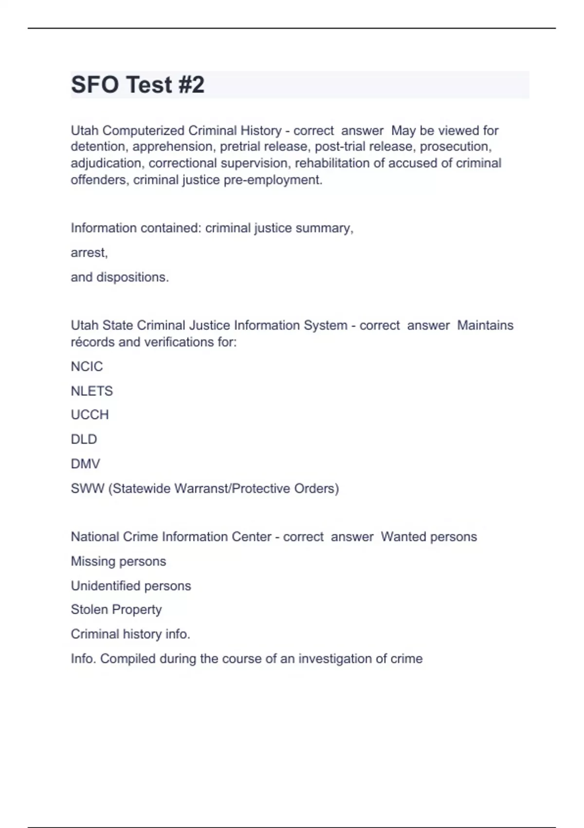 SFO Test Question and answers rated A+ 2024 - SFO - Stuvia US