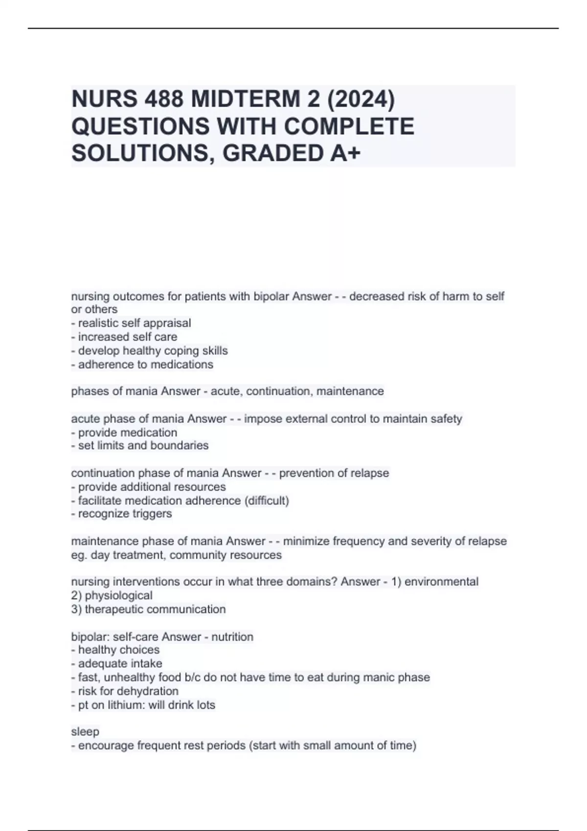 NURS 488 MIDTERM 2 (2024) QUESTIONS WITH COMPLETE SOLUTIONS, GRADED A+ - NURS 488 - Stuvia US