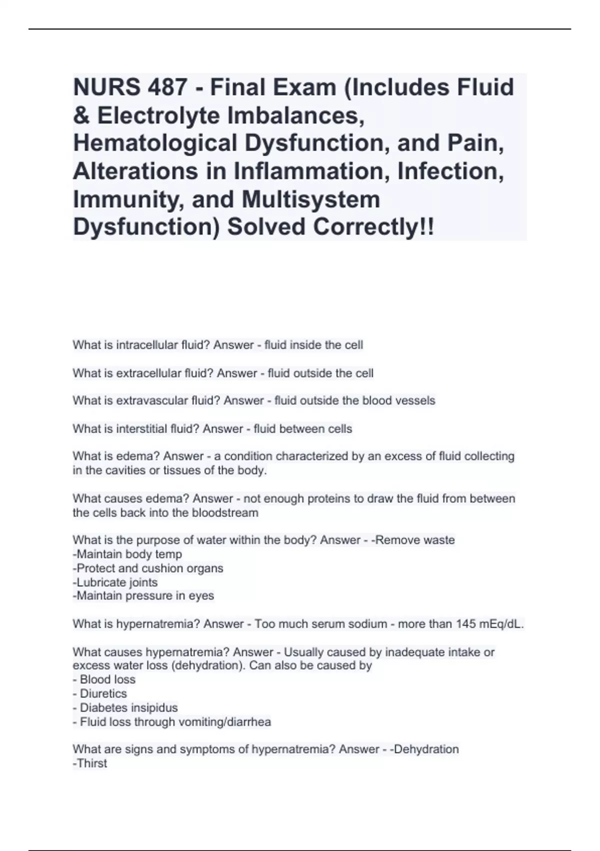 NURS 487 - Final Exam (Includes Fluid & Electrolyte Imbalances, Hematological Dysfunction, and ...