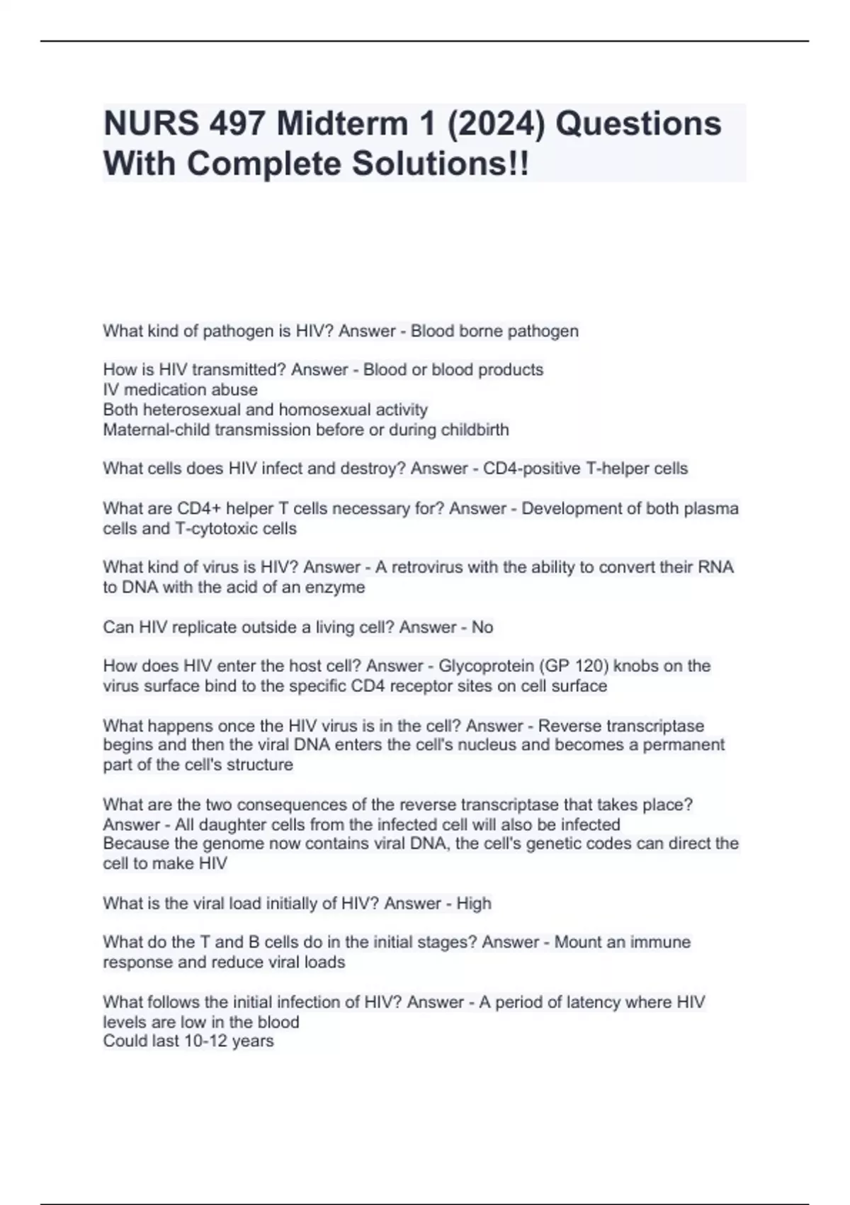 NURS 497 Midterm 1 (2024) Questions With Complete Solutions!! - NURS 497 - Stuvia US