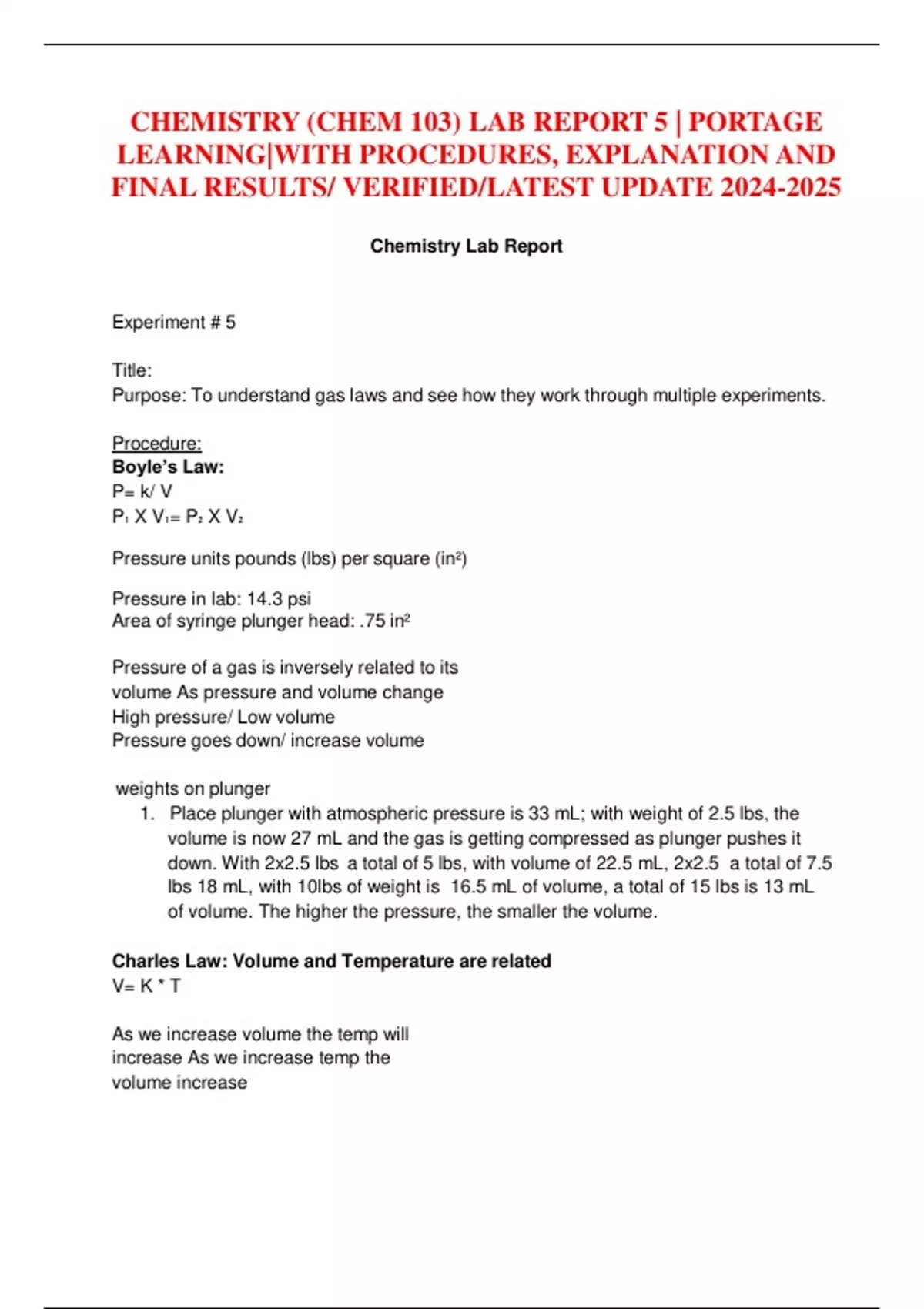 CHEMISTRY (CHEM 103) LAB REPORT 5 | PORTAGE LEARNING|WITH PROCEDURES ...