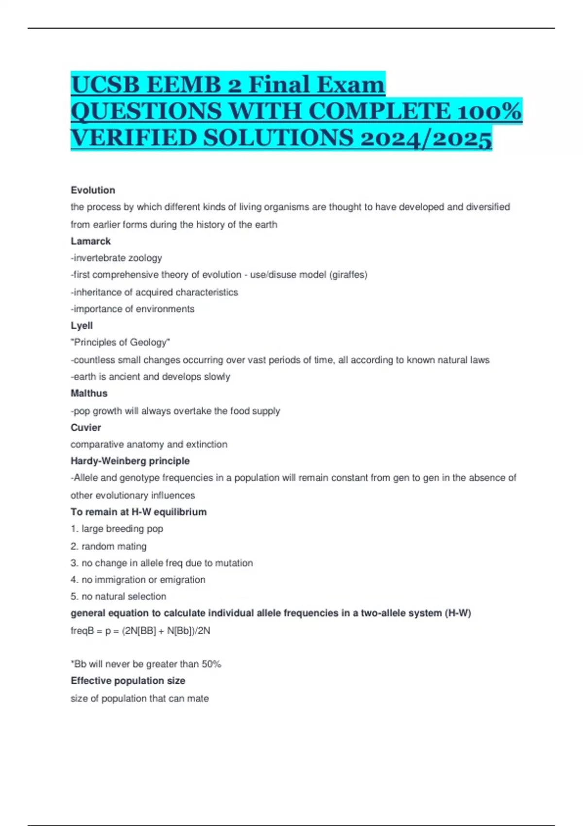 UCSB EEMB 2 Final Exam QUESTIONS WITH COMPLETE 100% VERIFIED SOLUTIONS 2024/2025 - UCSB EEMB 2 ...