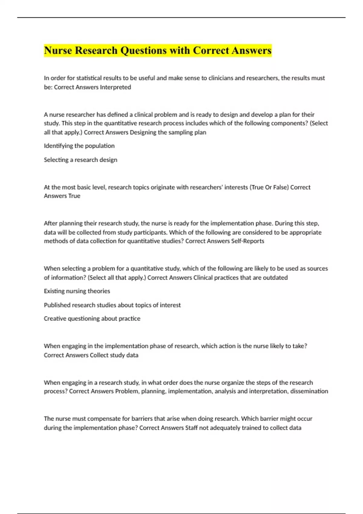 Nurse Research Questions with Correct Answers - Nurse Research - Stuvia US