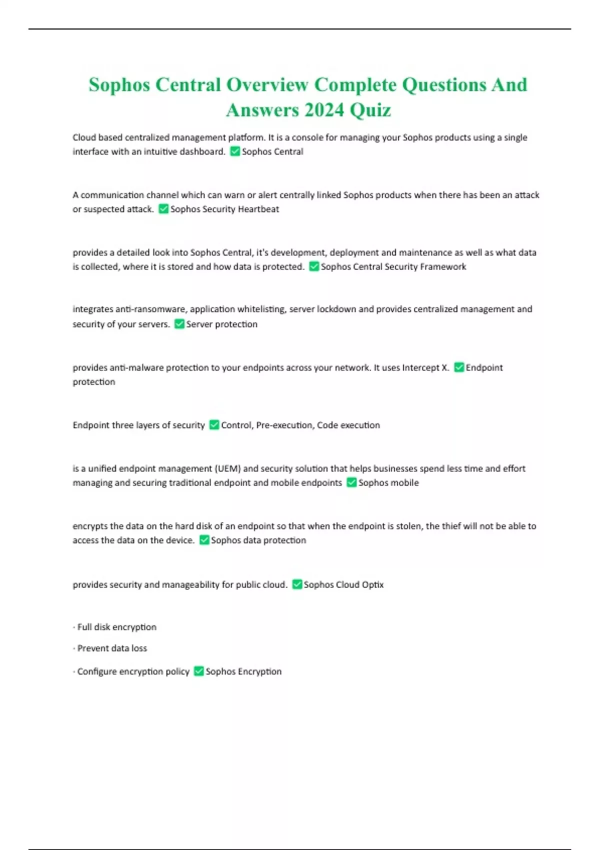 Sophos Central Overview Complete Questions And Answers 2024 Quiz ...