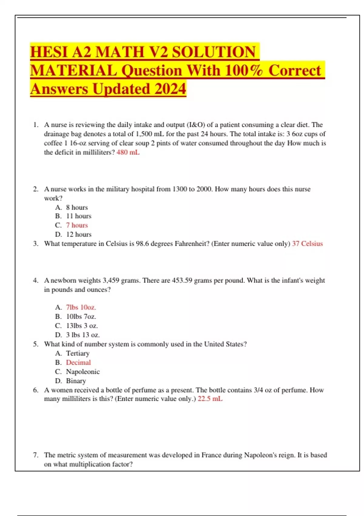HESI A2 MATH V2 SOLUTION MATERIAL Question With 100% Correct Answers ...