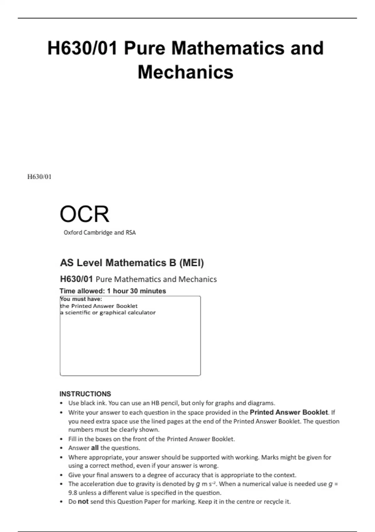 H630/01 Pure Mathematics and Mechanics - Advance nursing - Stuvia US