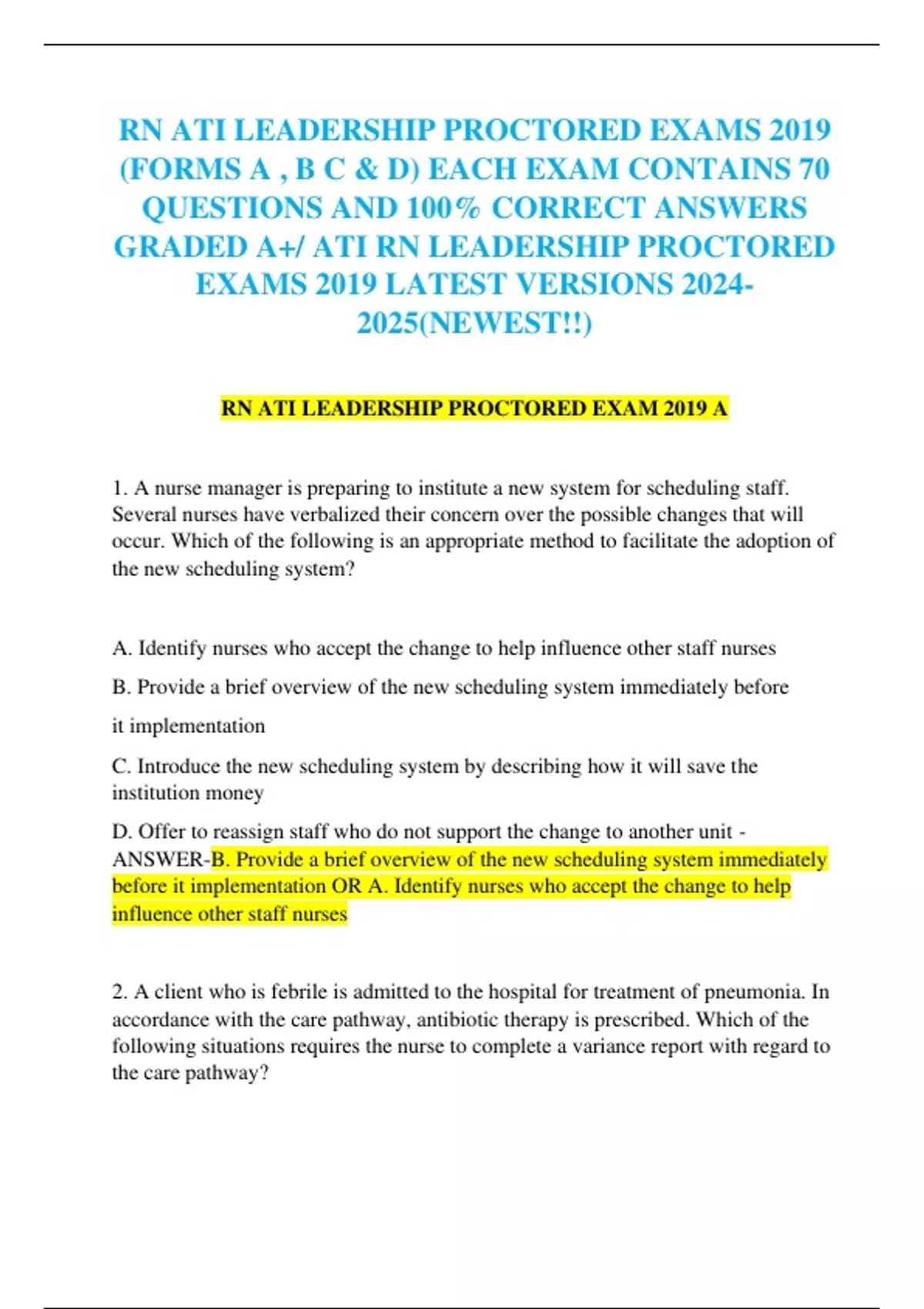 RN ATI LEADERSHIP PROCTORED EXAMS 2019 (FORMS A , B C & D) EACH EXAM ...