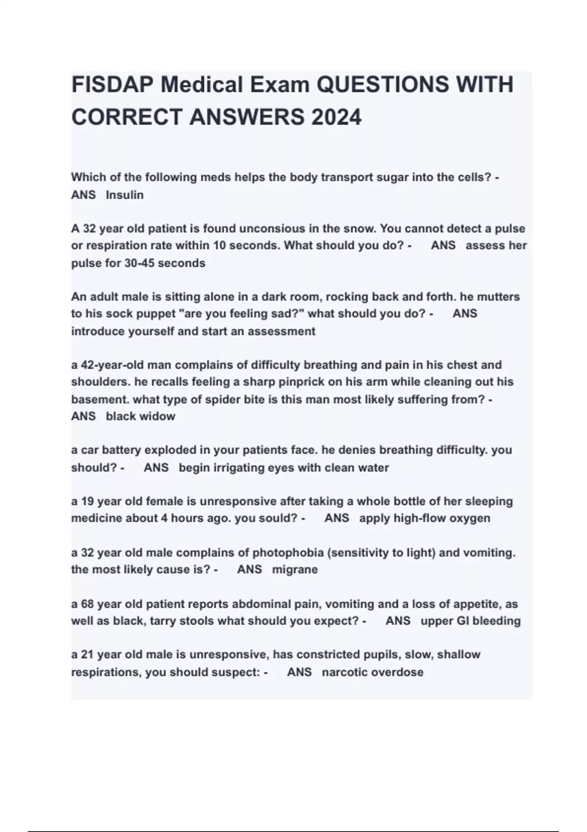 FISDAP Medical Exam QUESTIONS WITH CORRECT ANSWERS 2024 - FISDAP ...