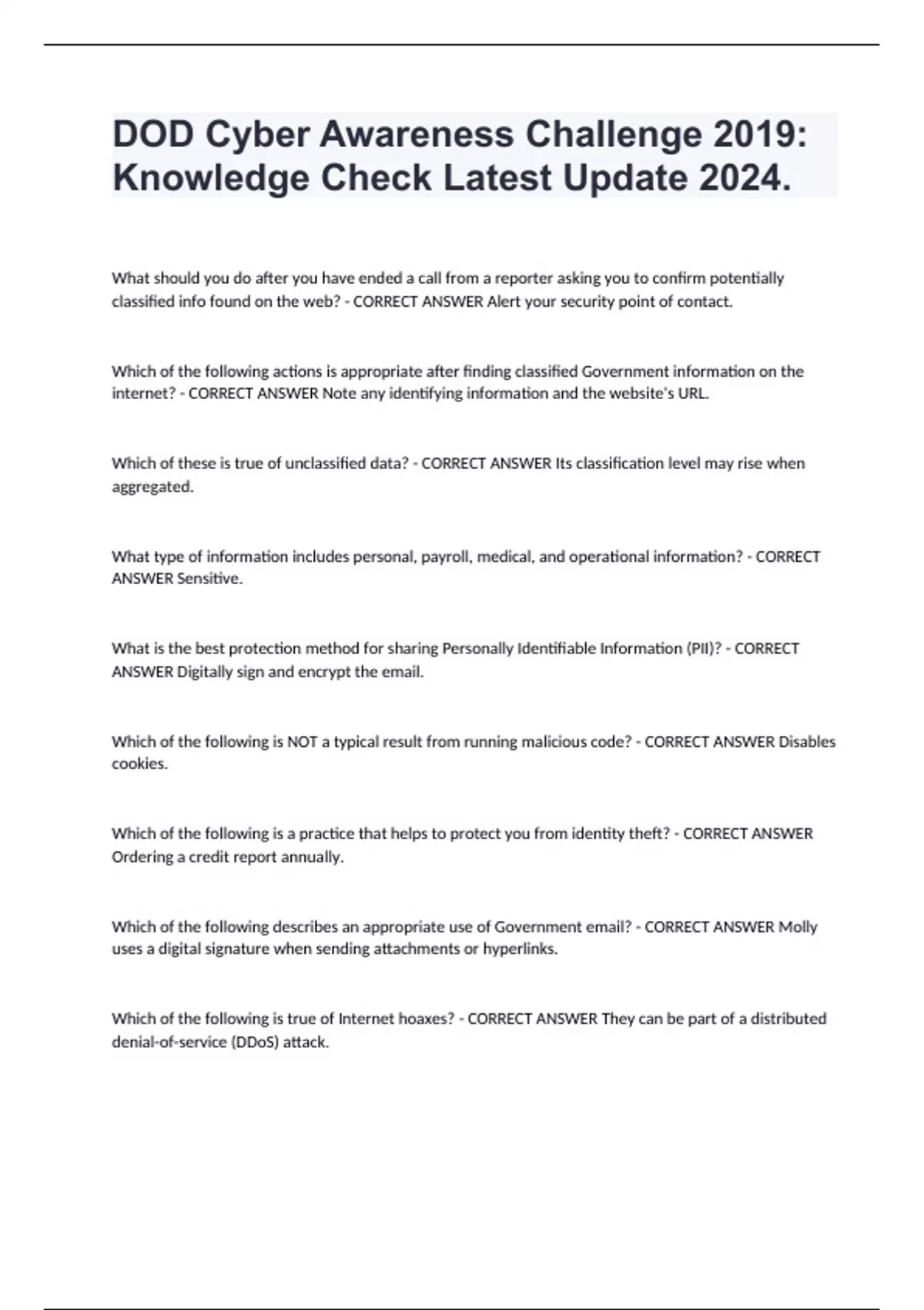 DOD Cyber Awareness Challenge 2019: Knowledge Check Latest Update 2024 ...