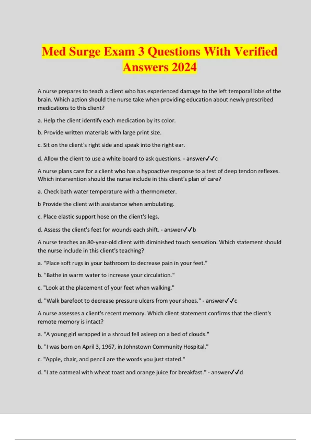 Med Surge Exam 3 Questions With Verified Answers 2024 - Med surge ...