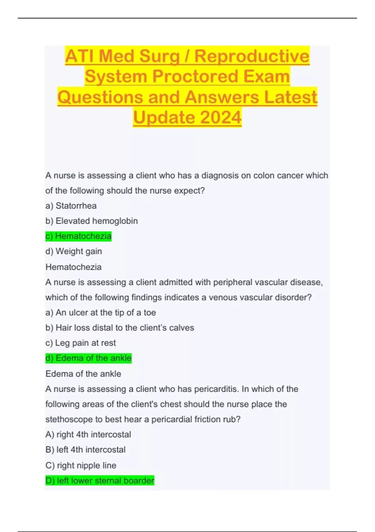 ATI Med Surg / Reproductive System Proctored Exam Questions and Answers ...