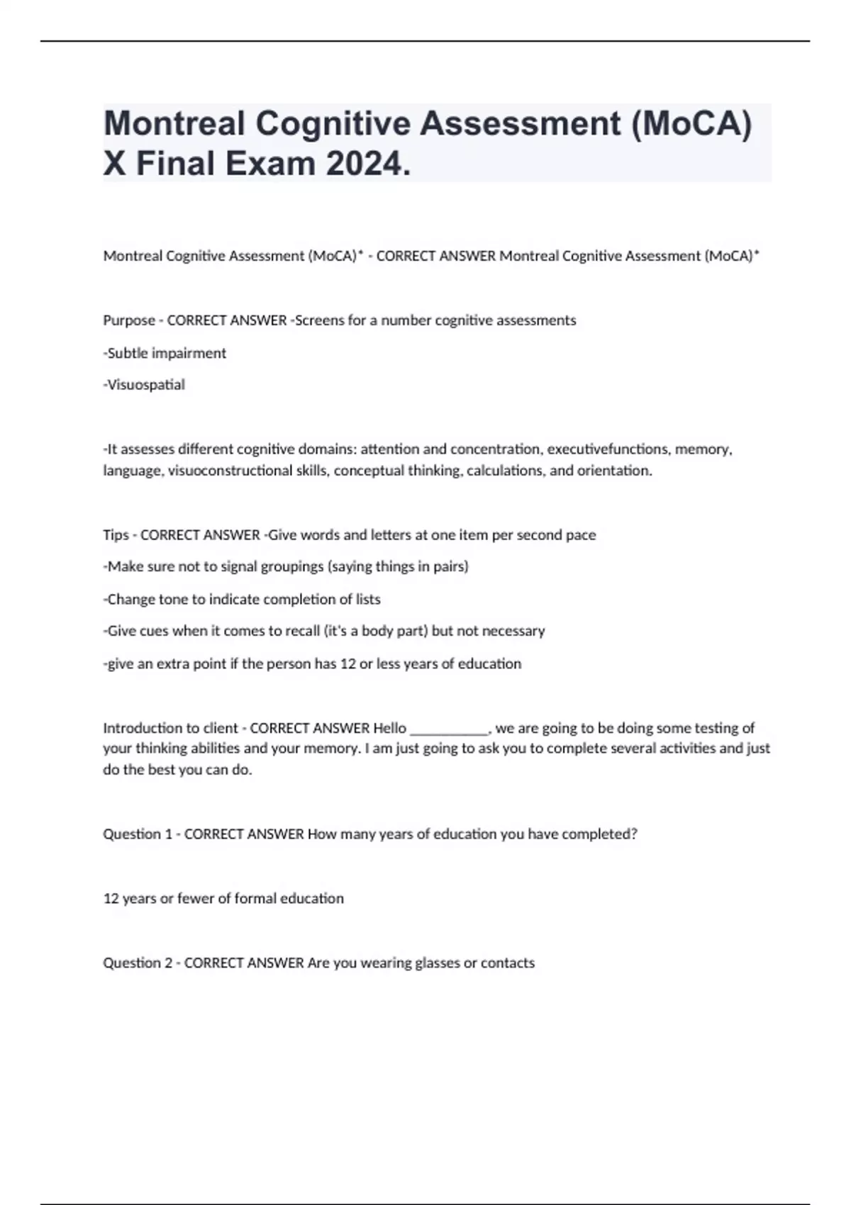 Montreal Cognitive Assessment (MoCA) X Final Exam Practice Questions ...