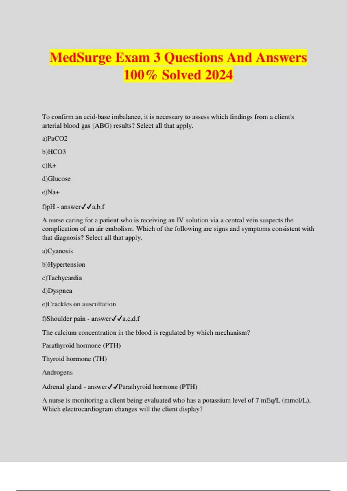 MedSurge Exam 3 Questions And Answers 100% Solved 2024 - MedSurge - Stuvia US