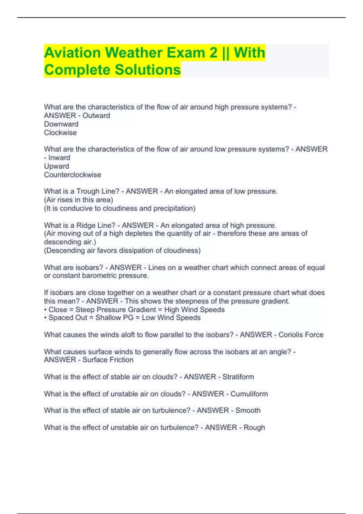 Aviation Weather Exam 2 || With Complete Solutions - Aviation Weather ...