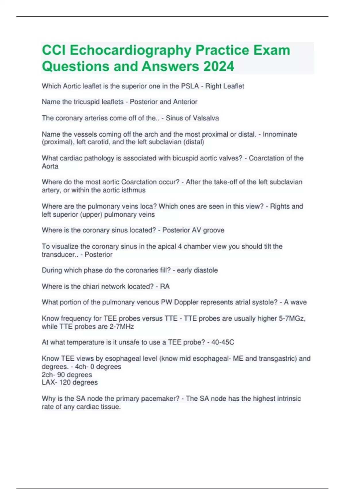 CCI Echocardiography Practice Exam Questions and Answers 2024 - CCI ...