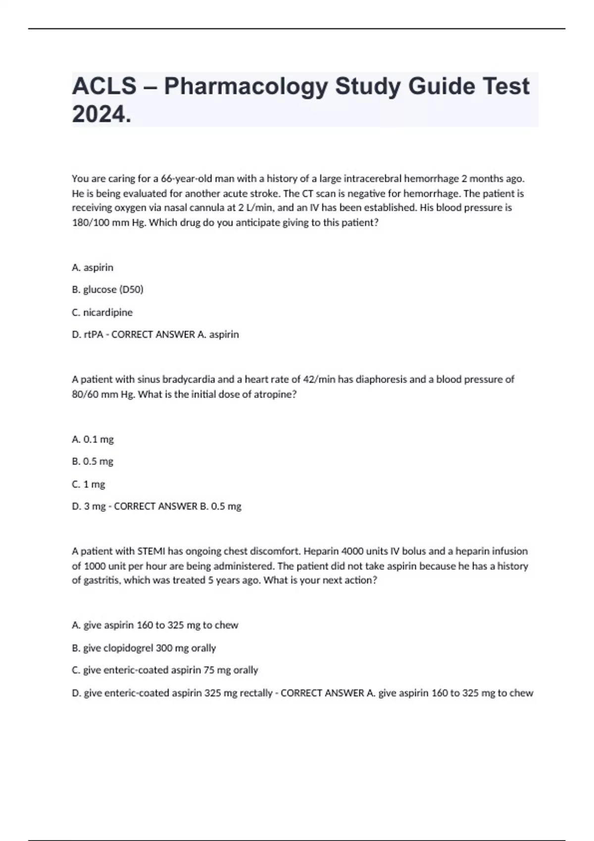 ACLS – Pharmacology Practice Study Guide Test 2024. - CA. - Stuvia US