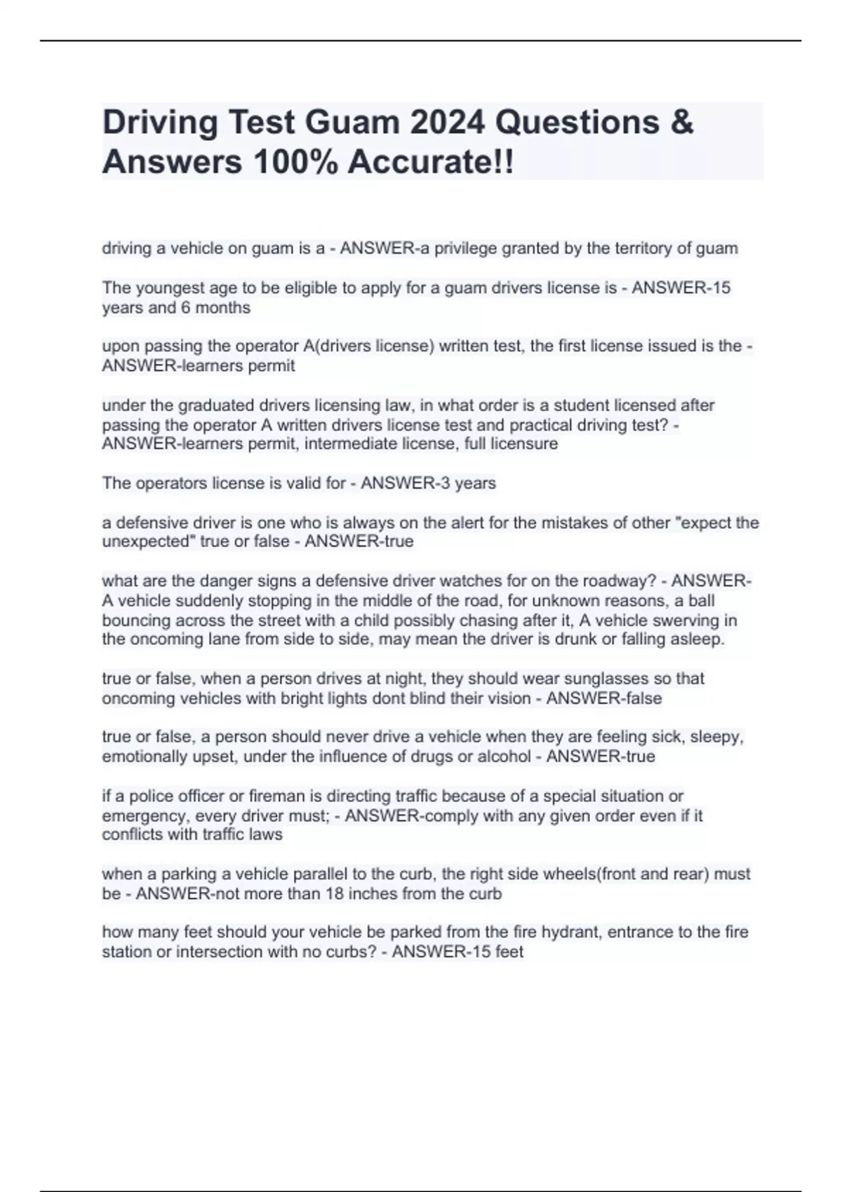 Driving Test Guam 2024 Questions & Answers 100% Accurate!! - Driving ...