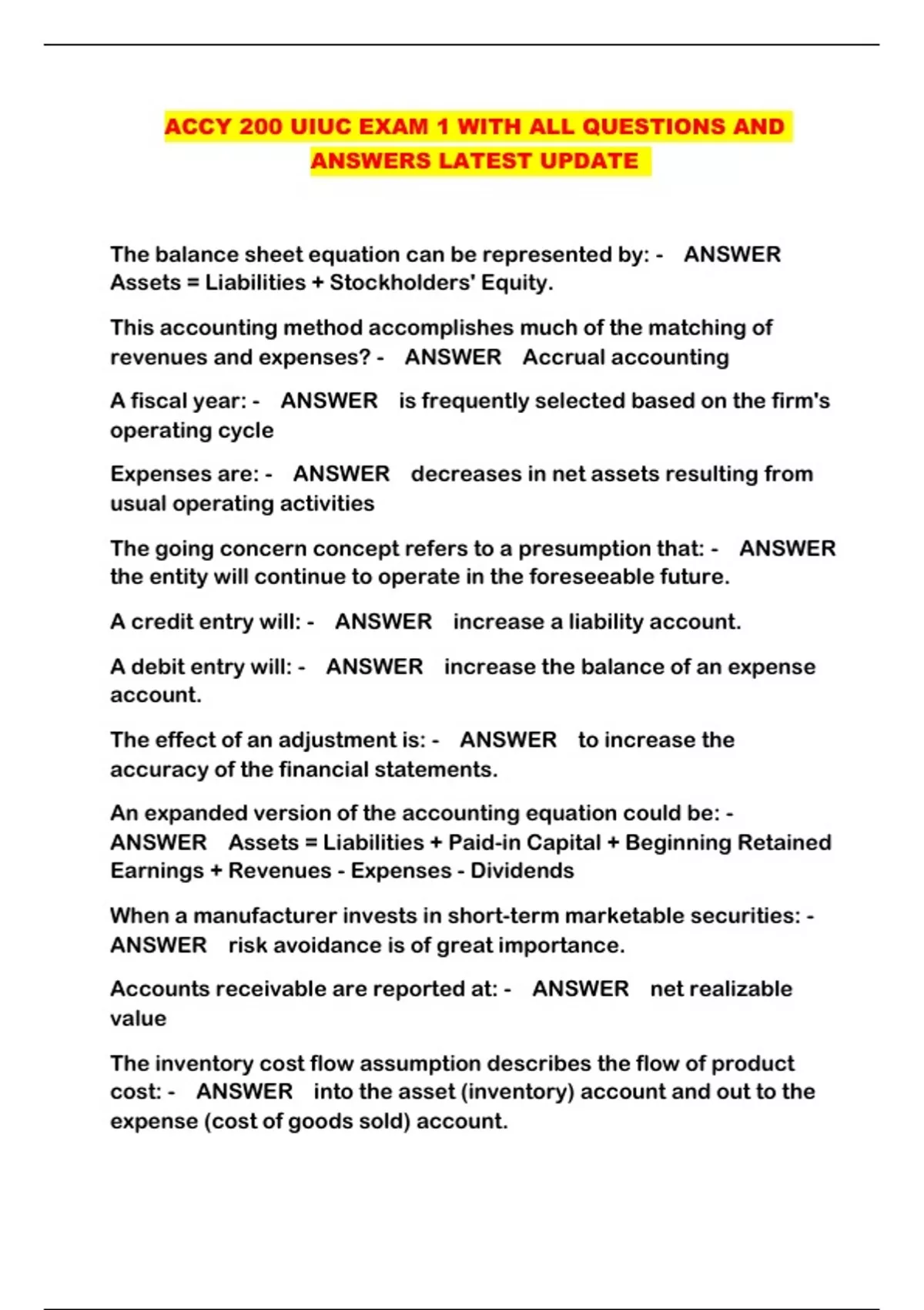 ACCY 200 UIUC EXAM 1 WITH ALL QUESTIONS AND ANSWERS LATEST UPDATE ...