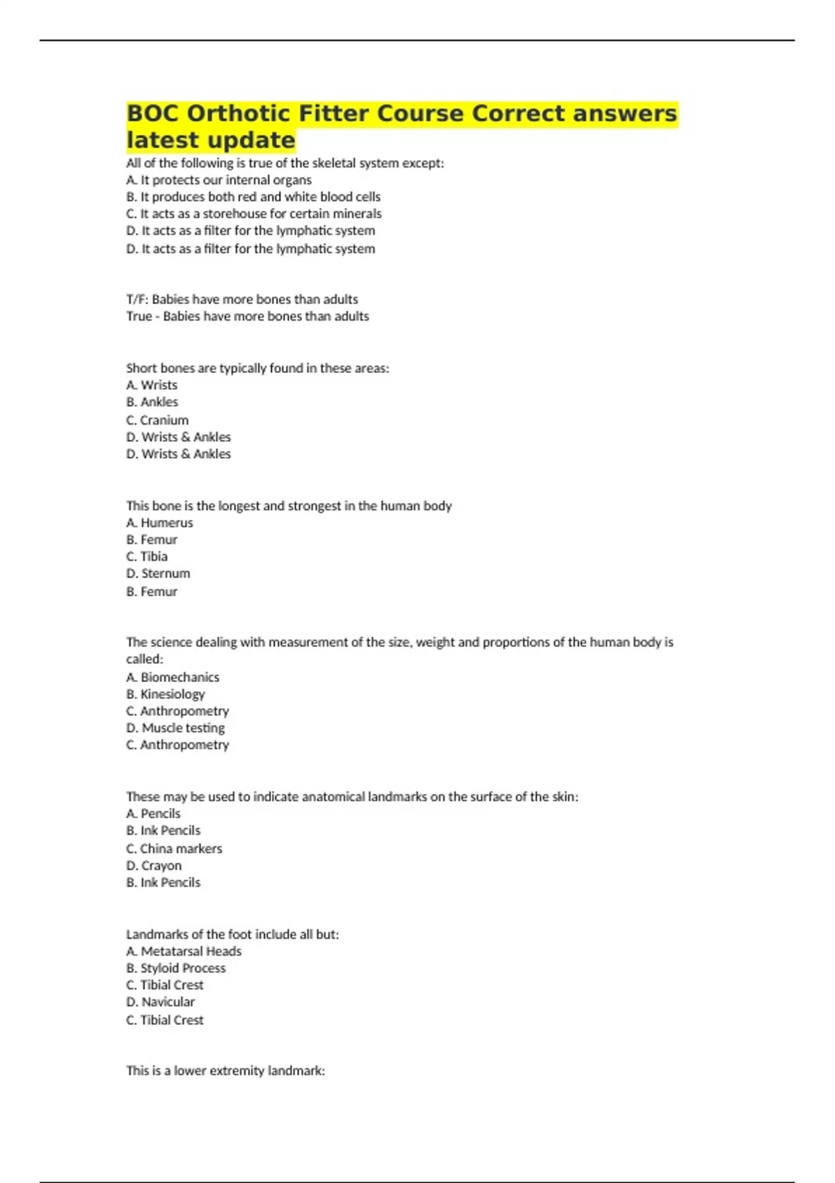 BOC Orthotic Fitter Course Correct answers latest update - ABC ...