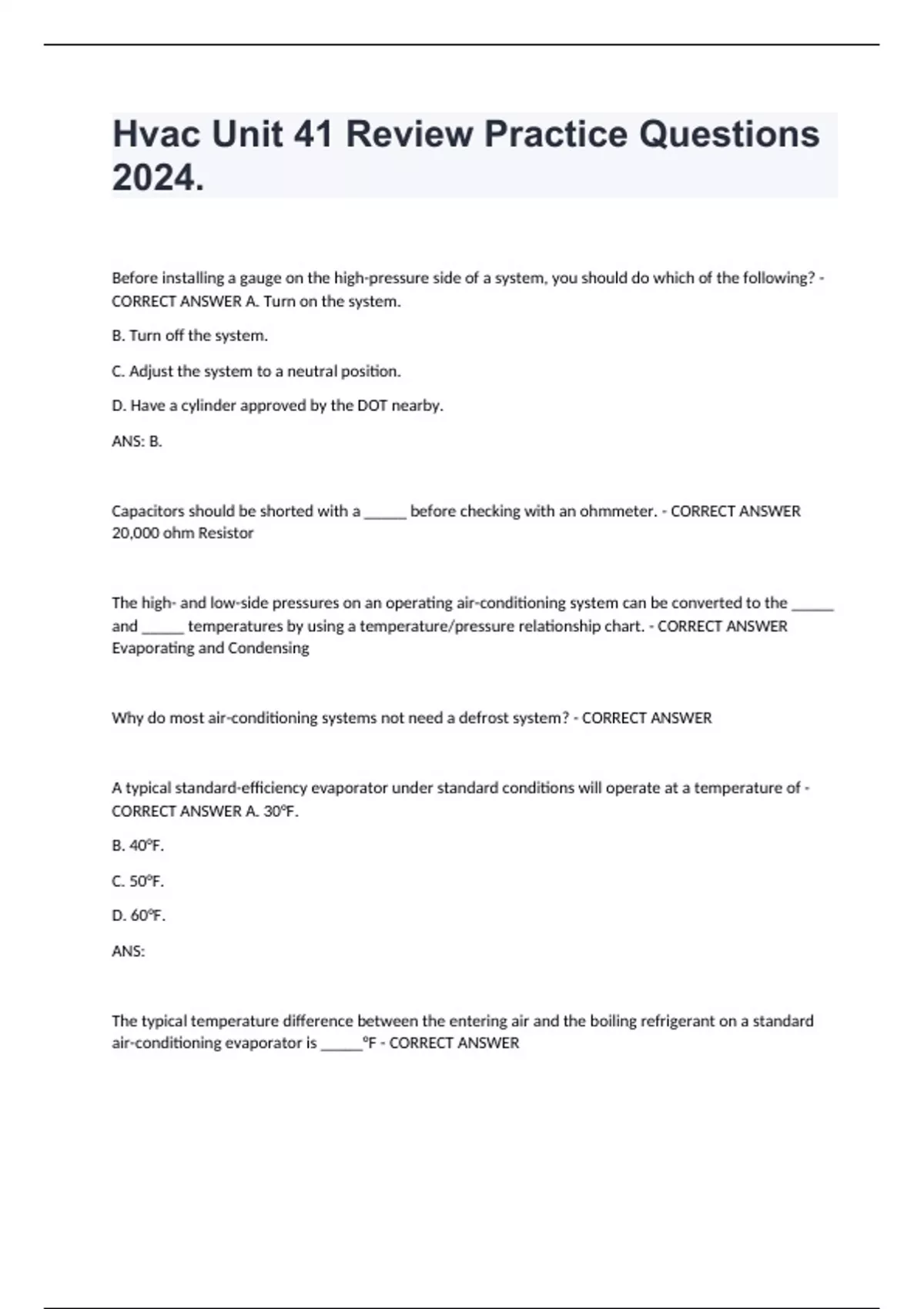 Hvac Unit 41 Review Practice Questions 2024. - Hvac - Stuvia US