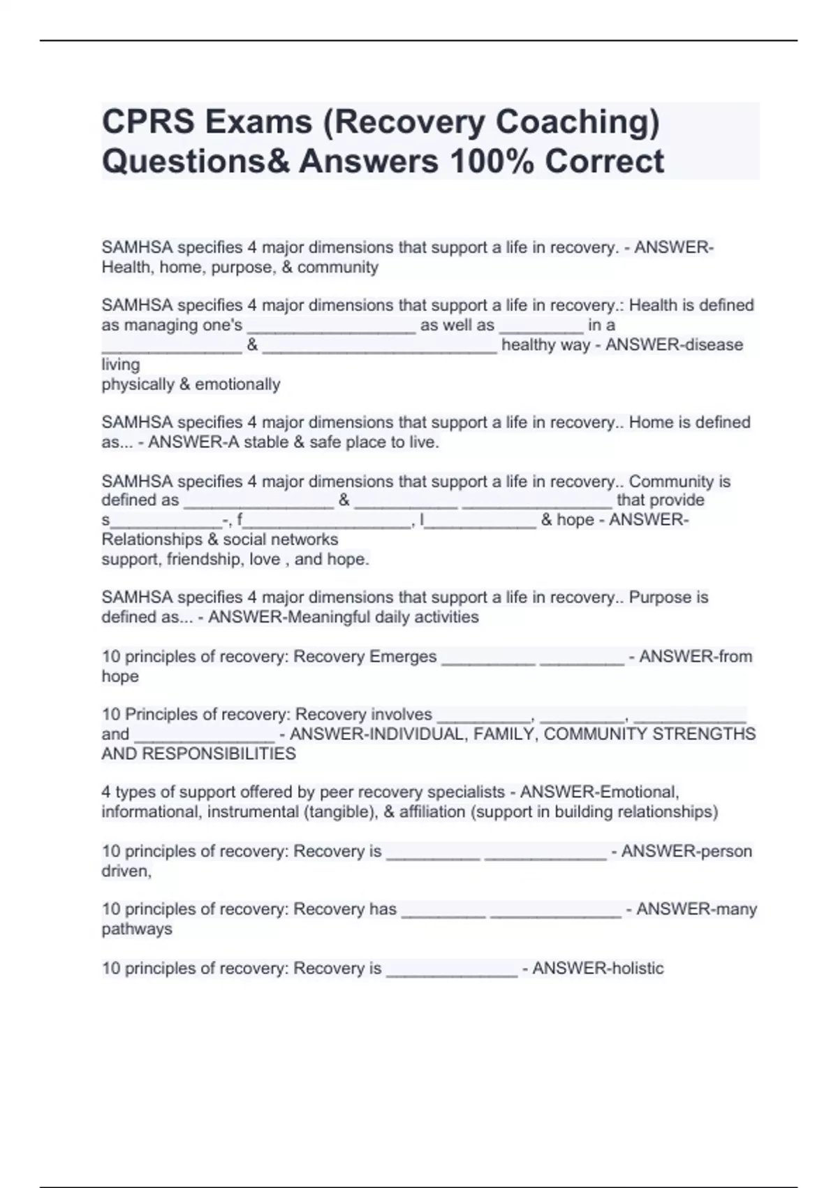 CPRS Exams (Recovery Coaching) Questions& Answers 100% Correct - CPRS ...