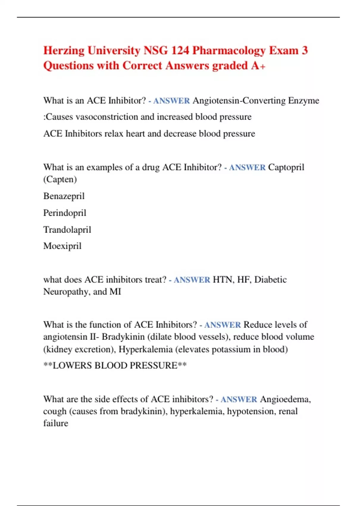 Herzing University NSG 124 Pharmacology Exam 3 Questions with Correct ...