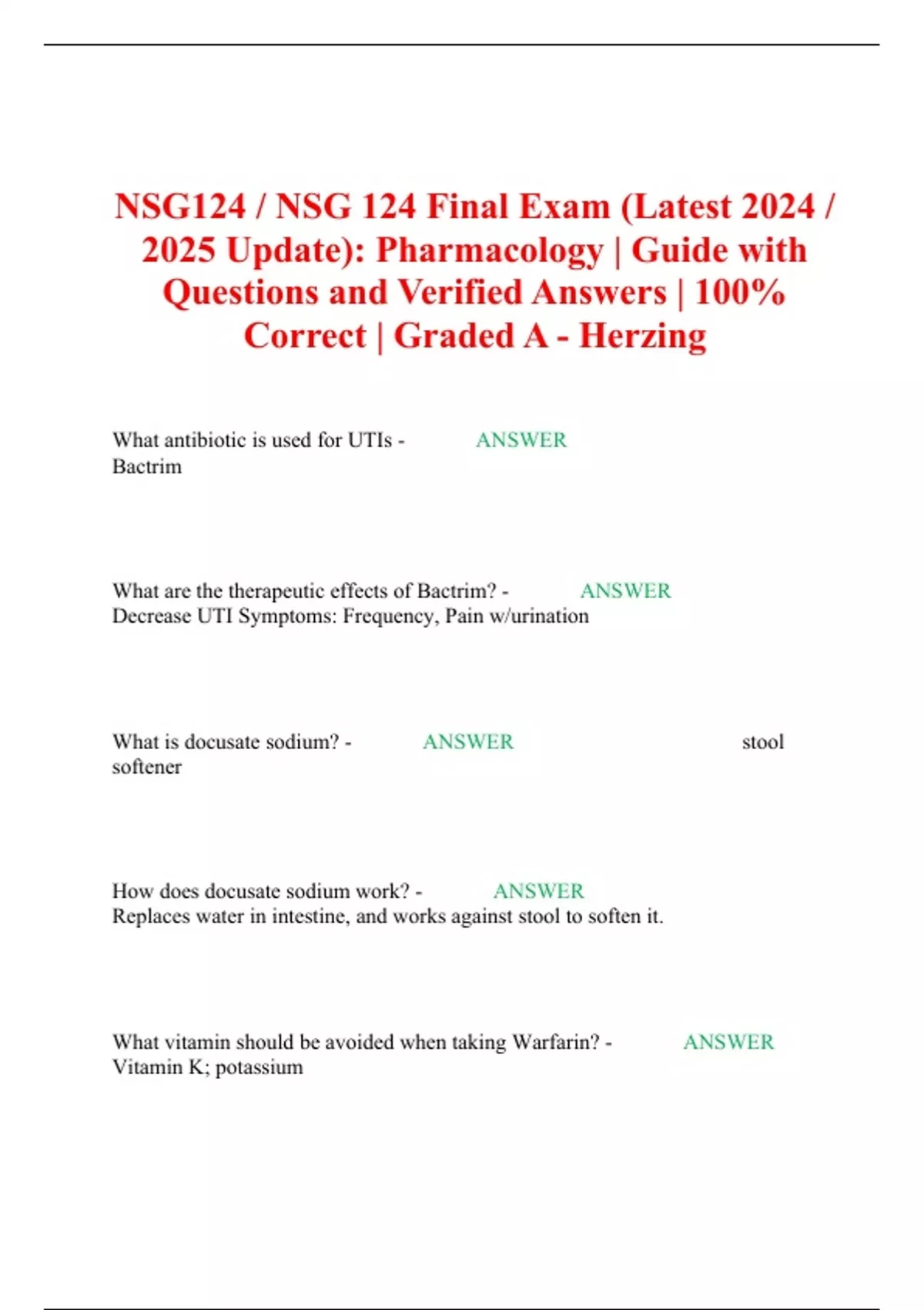 NSG124 / NSG 124 Final Exam (Latest 2024 / 2025 Update): Pharmacology ...