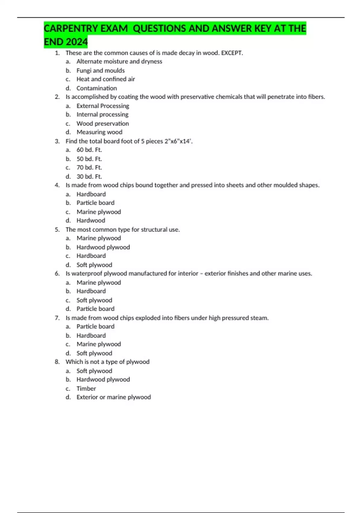 CARPENTRY EXAM QUESTIONS AND ANSWER KEY AT THE END 2024 - CARPENTRY ...