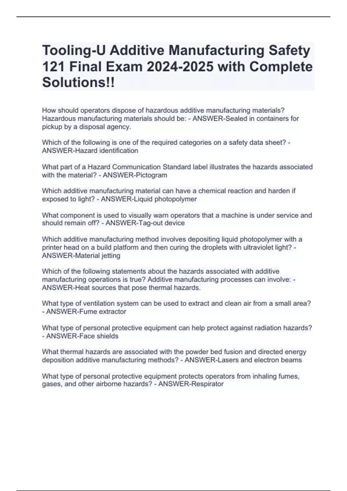 Tooling-U Additive Manufacturing Safety 121 Final Exam with Complete ...