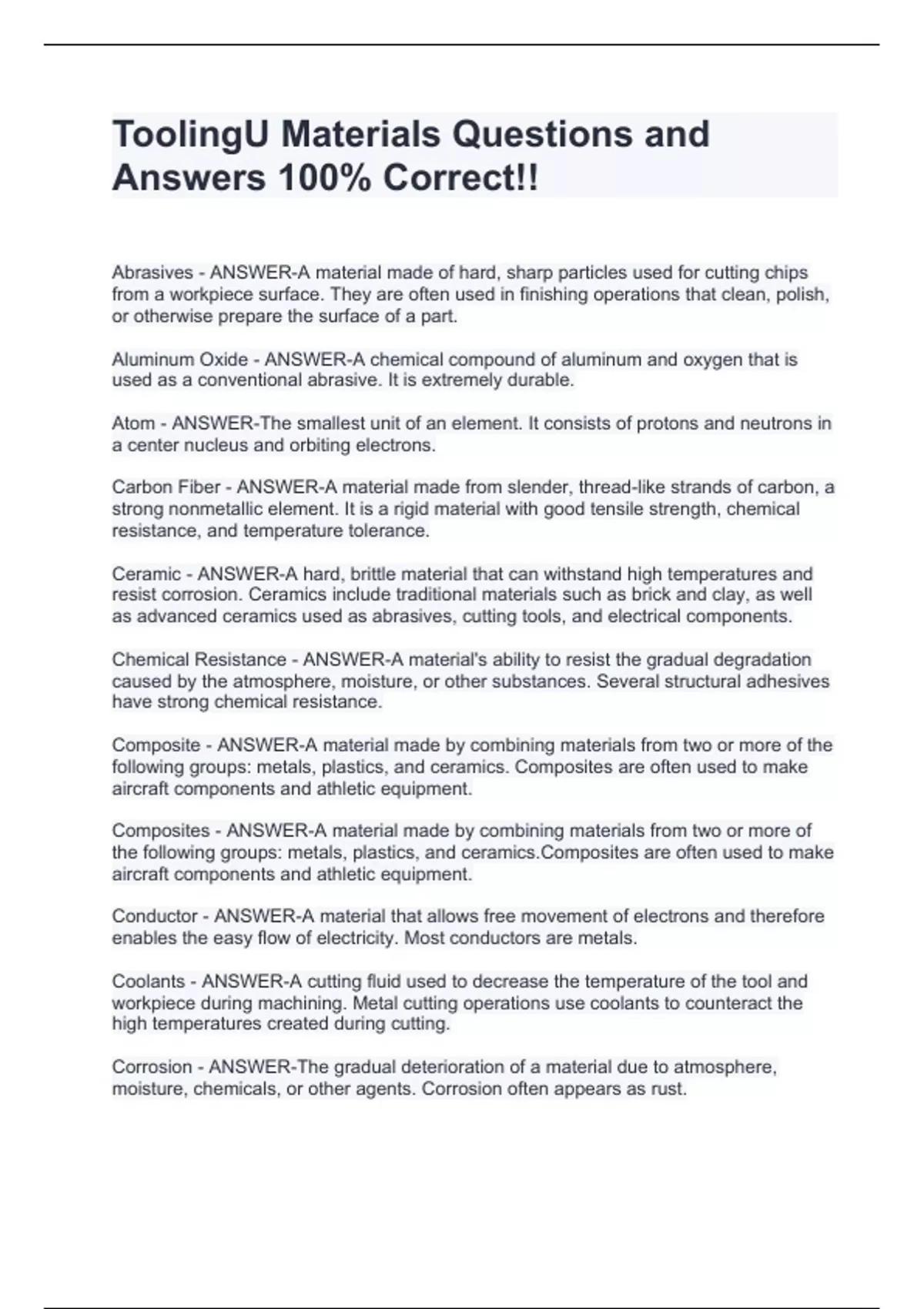 ToolingU Materials Questions and Answers 100% Correct!! - ToolingU ...