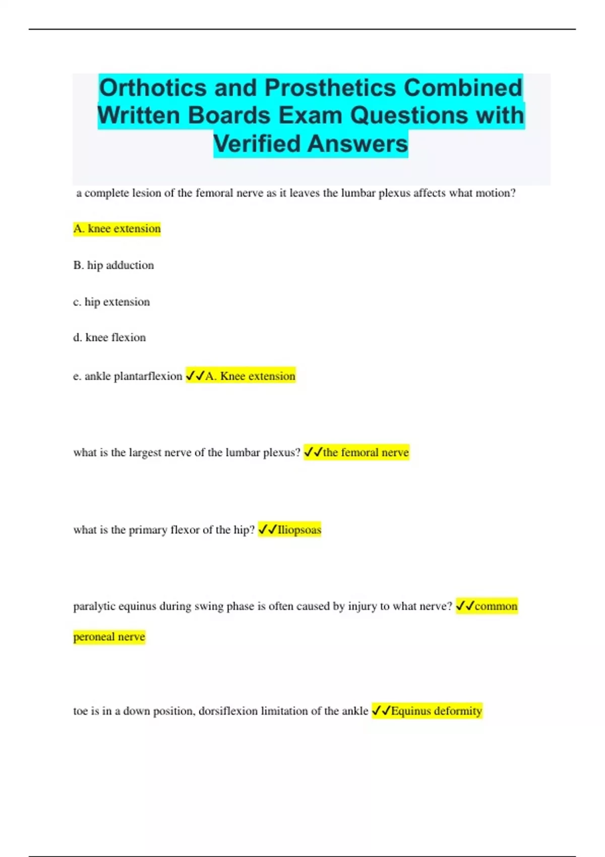 Orthotics and Prosthetics Combined Written Boards Exam Questions with ...