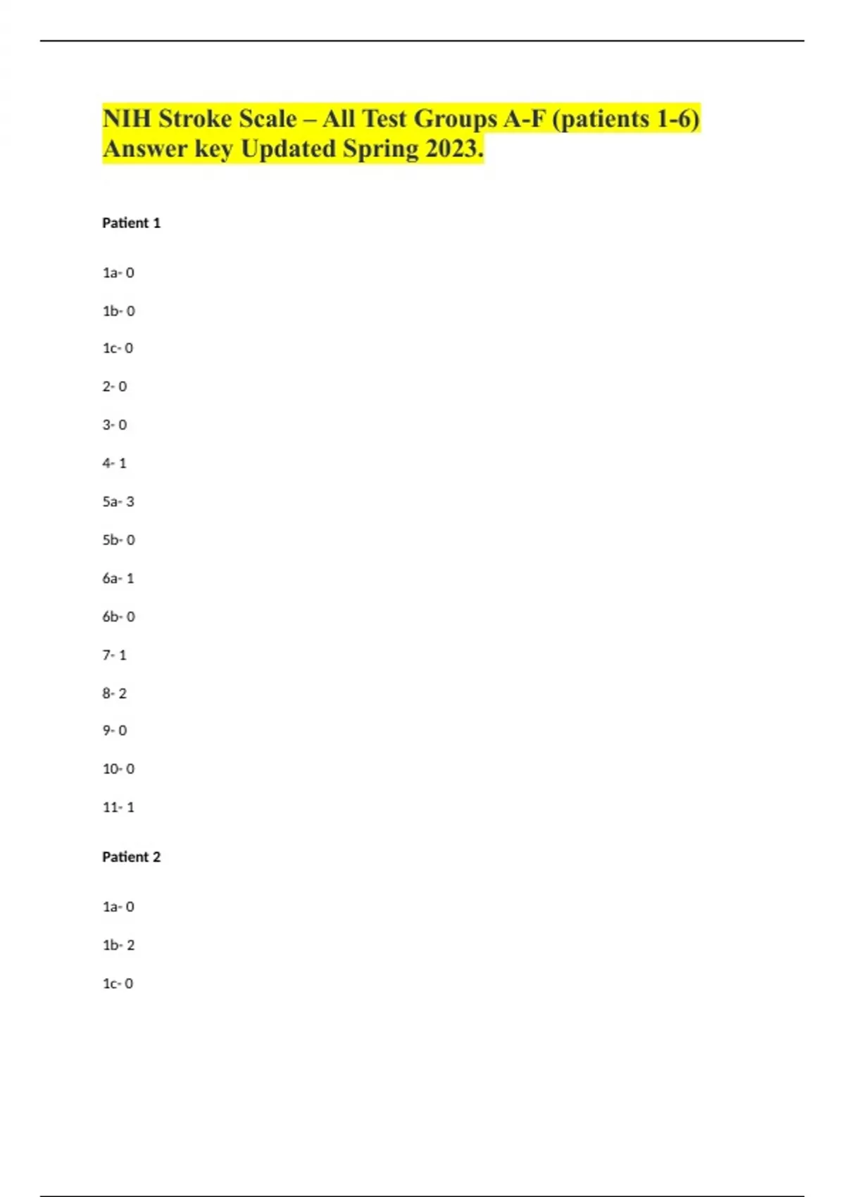 NIH Stroke Scale – All Test Groups A-F (patients 1-6) Answer key ...