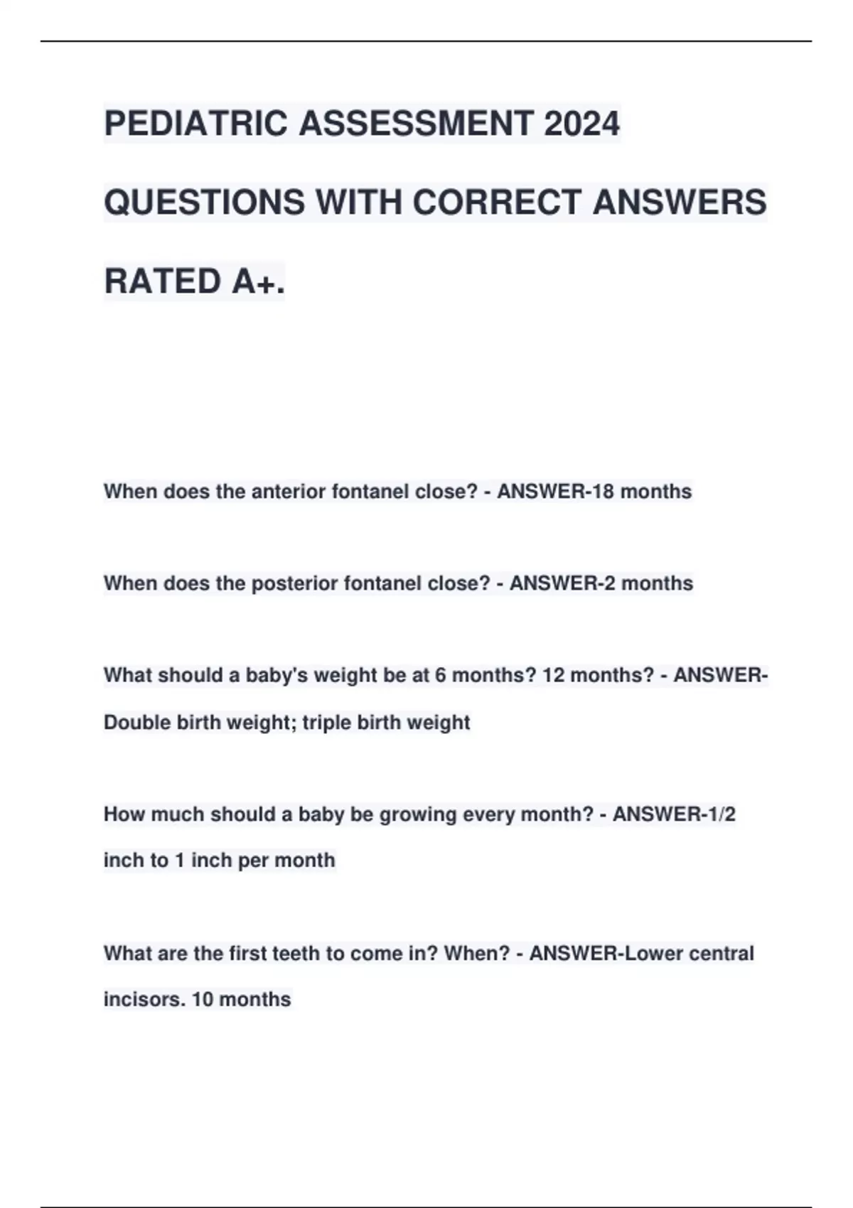 PEDIATRIC ASSESSMENT 2024 QUESTIONS WITH CORRECT ANSWERS RATED A+ ...