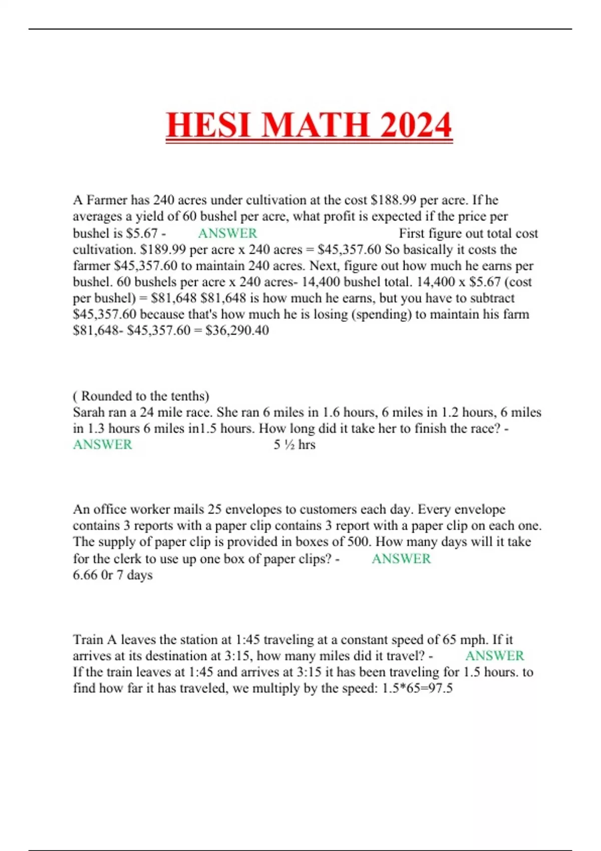HESI MATH 2024 - HESI MATH 2024 - Stuvia US