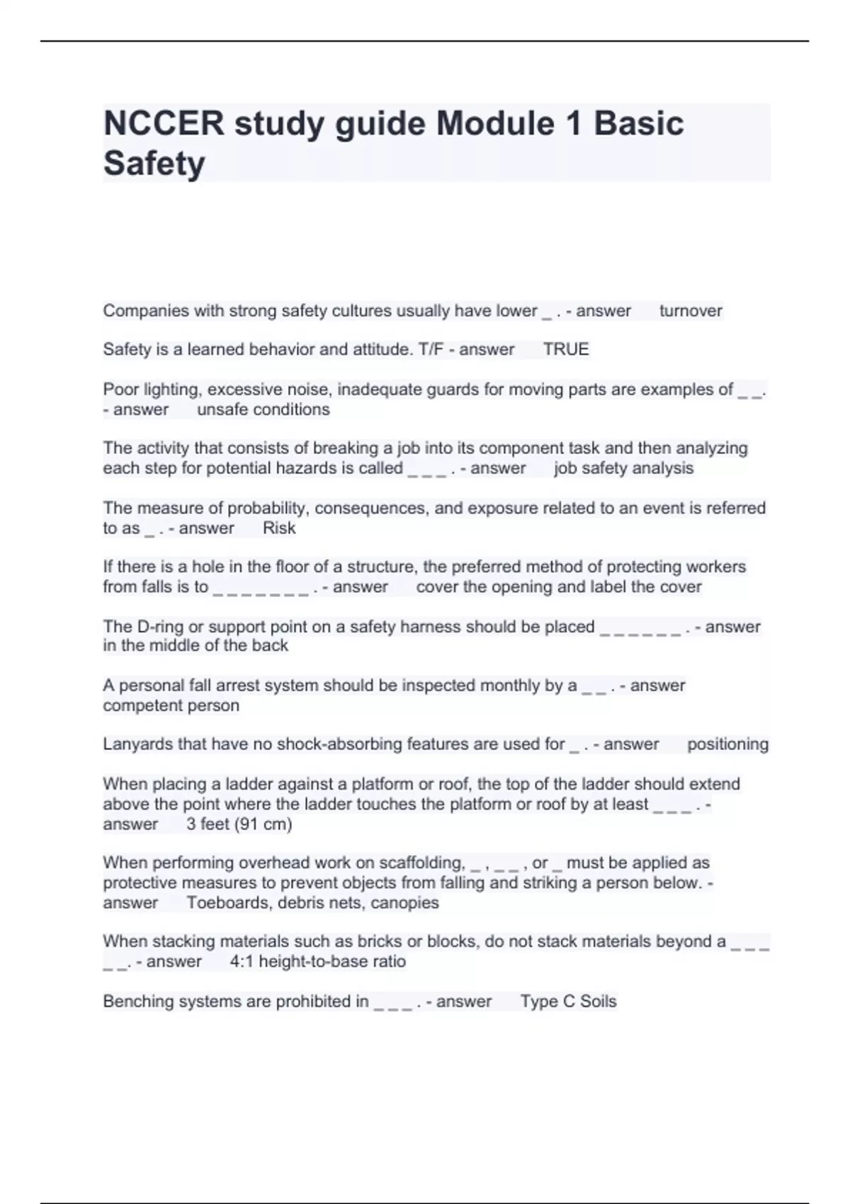 NCCER study guide Module 1 Basic Safety Questions and Answers 100% ...