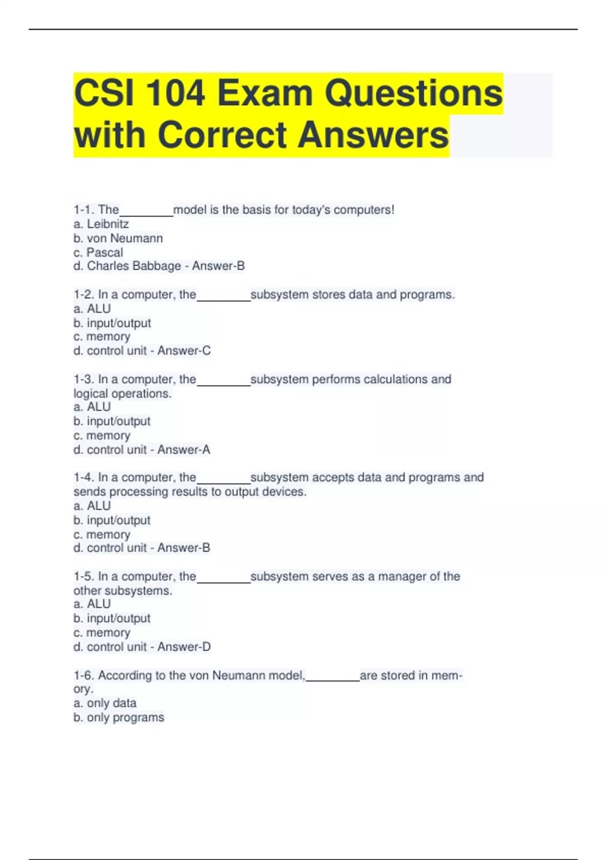CSI 104 Exam Questions with Correct Answers - CSI 104 - Stuvia US