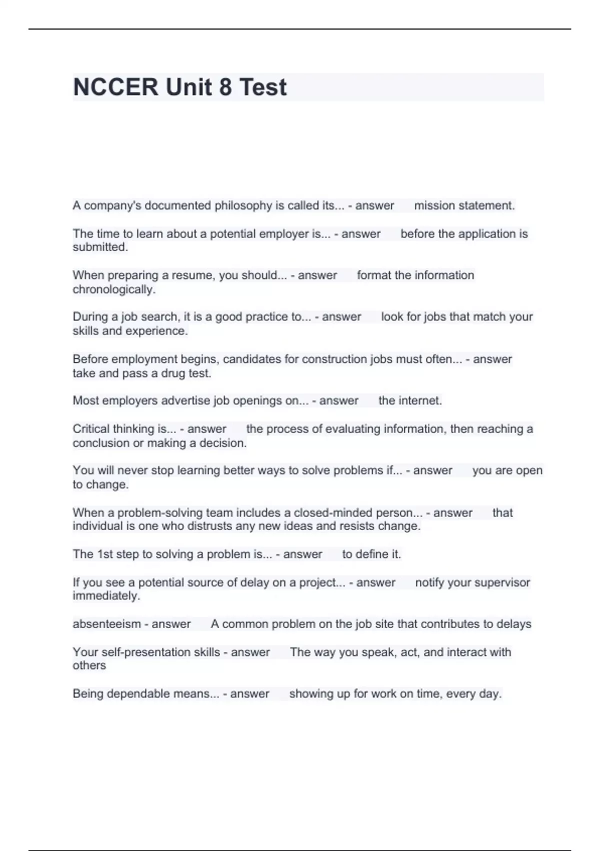 NCCER Unit 8 Test Questions and Answers 100% Accurate - NCCER - Stuvia US