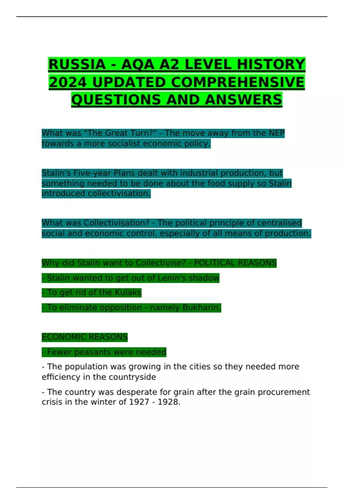 RUSSIA - AQA A2 LEVEL HISTORY 2024 UPDATED COMPREHENSIVE QUESTIONS AND ...