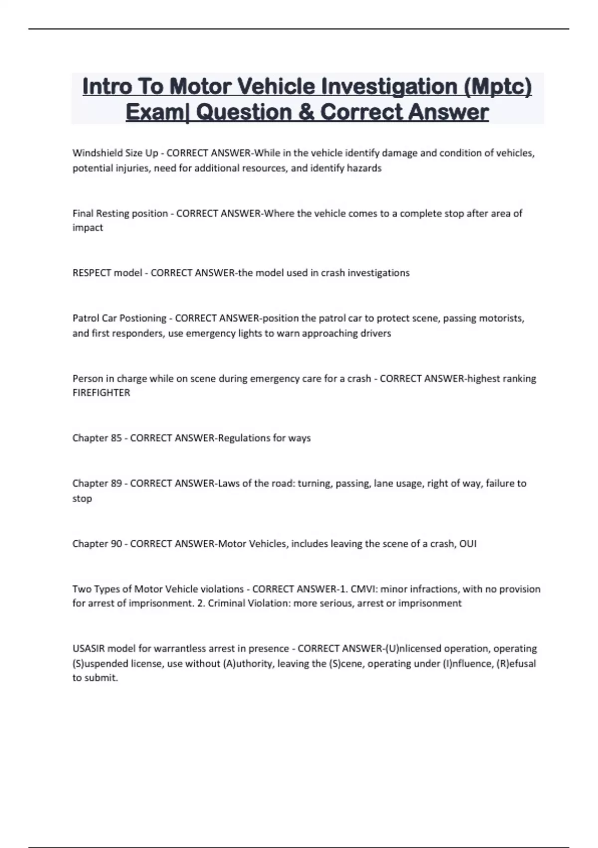 Intro To Motor Vehicle Investigation (Mptc) Exam| Question & Correct ...