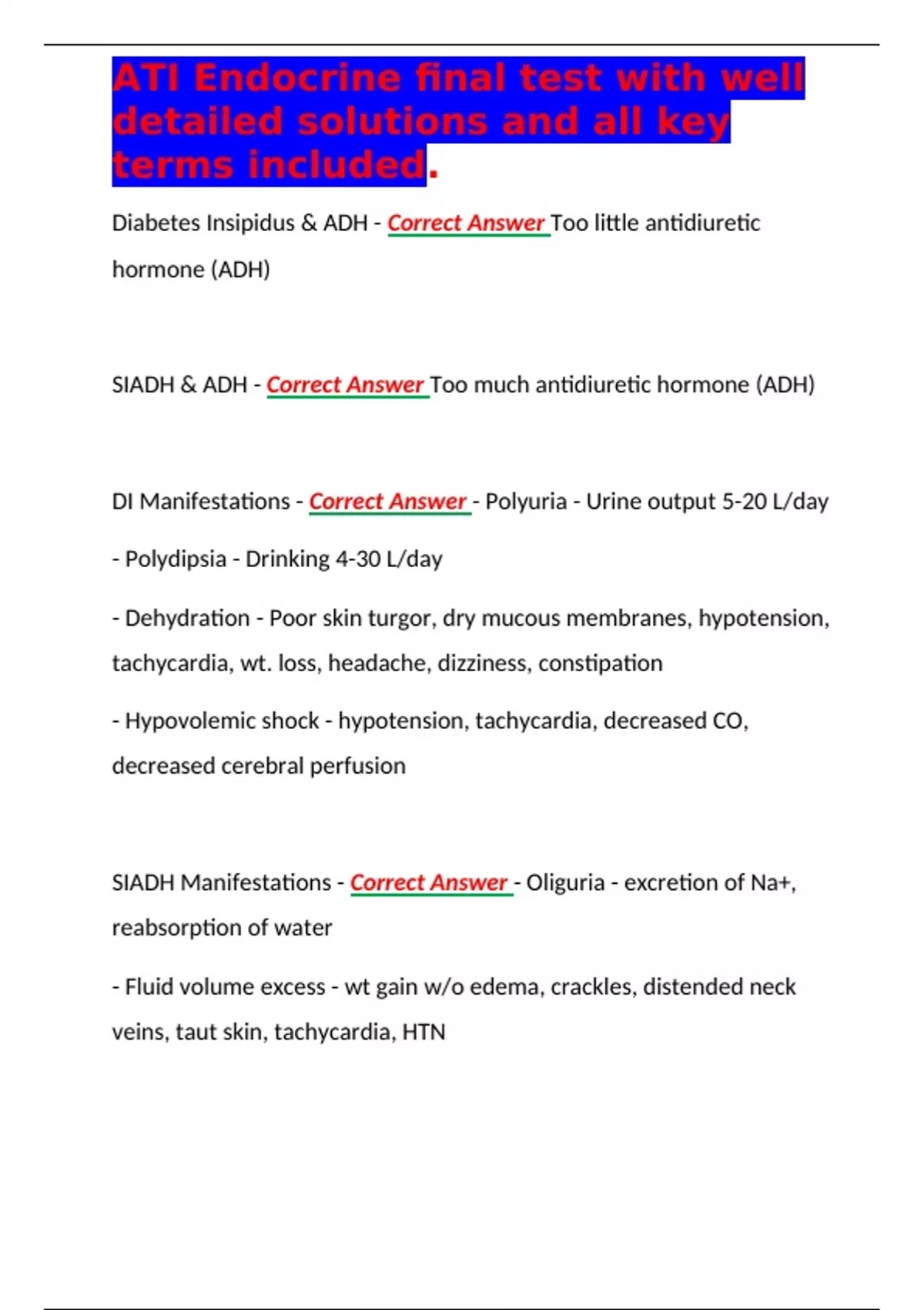 ATI Endocrine final test with well detailed solutions and all key terms ...