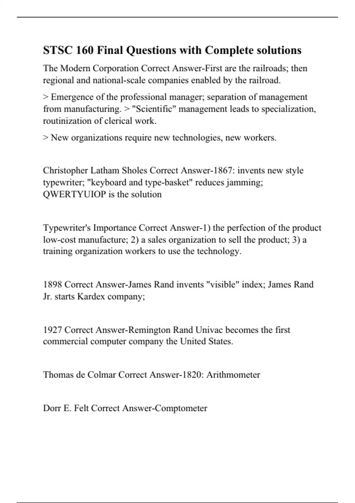 STSC 160 Final Questions with Complete solutions - Stsc - Stuvia US