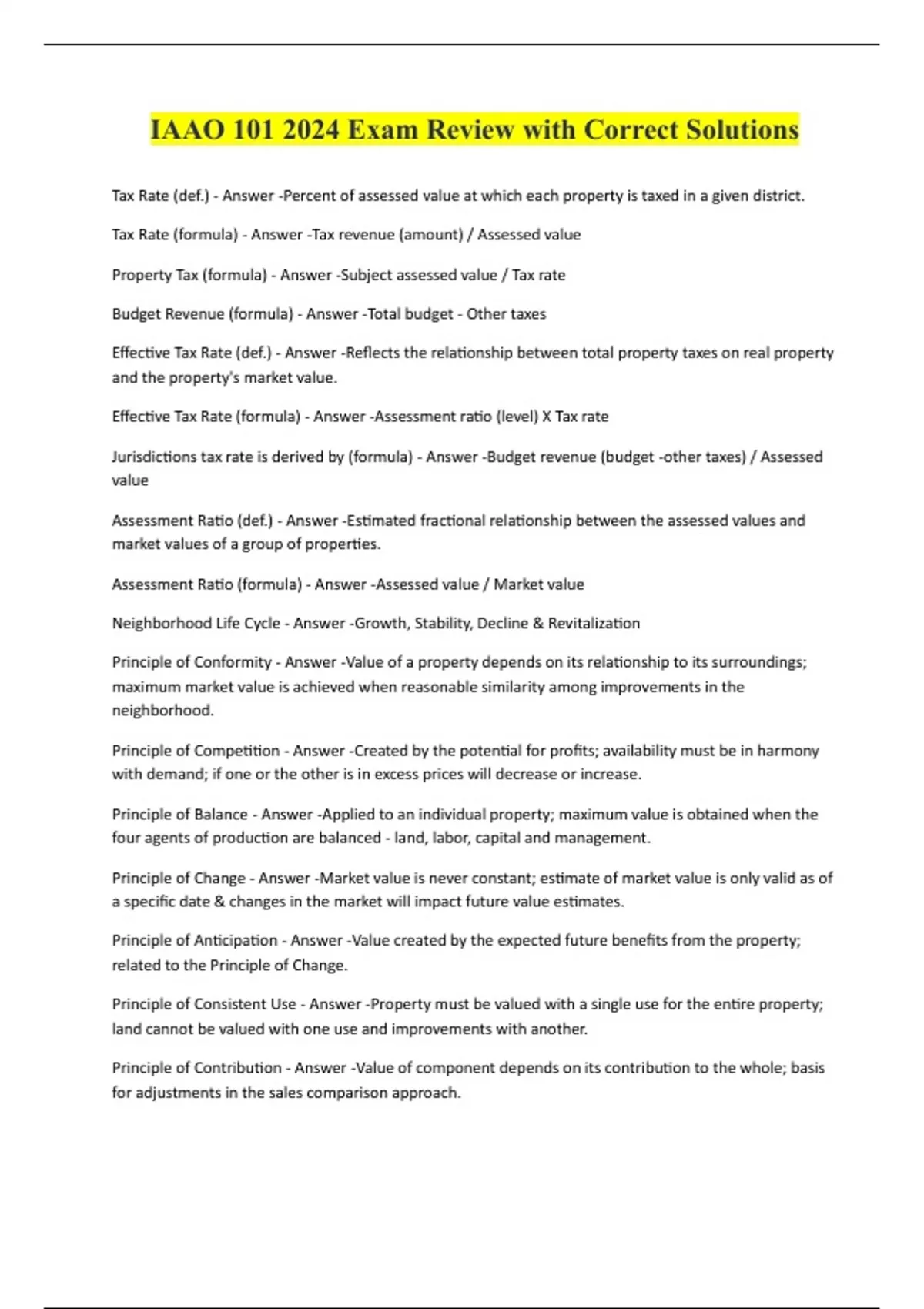 IAAO 101 2024 Exam Review with Correct Solutions - Iaao 101 - Stuvia US