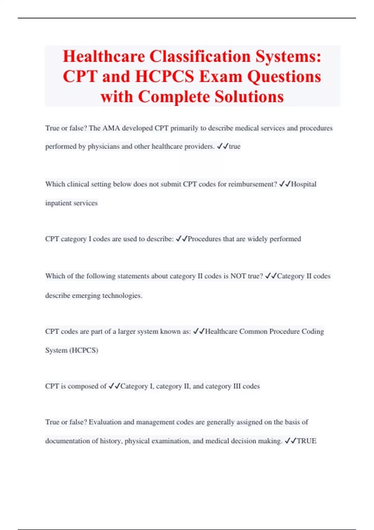 Healthcare Classification Systems: CPT and HCPCS Exam Questions with ...