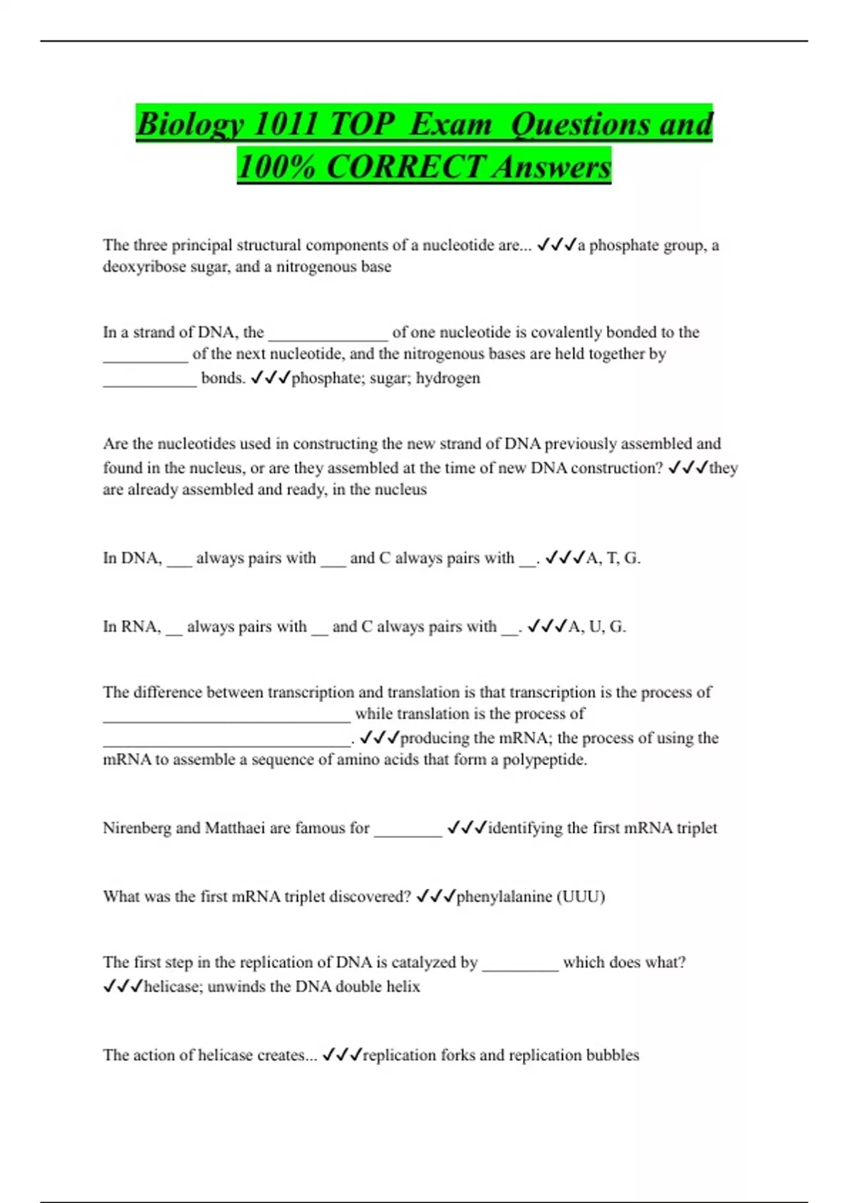 Biology 1011 TOP Exam Questions and 100% CORRECT Answers - Biology 1011 - Stuvia US