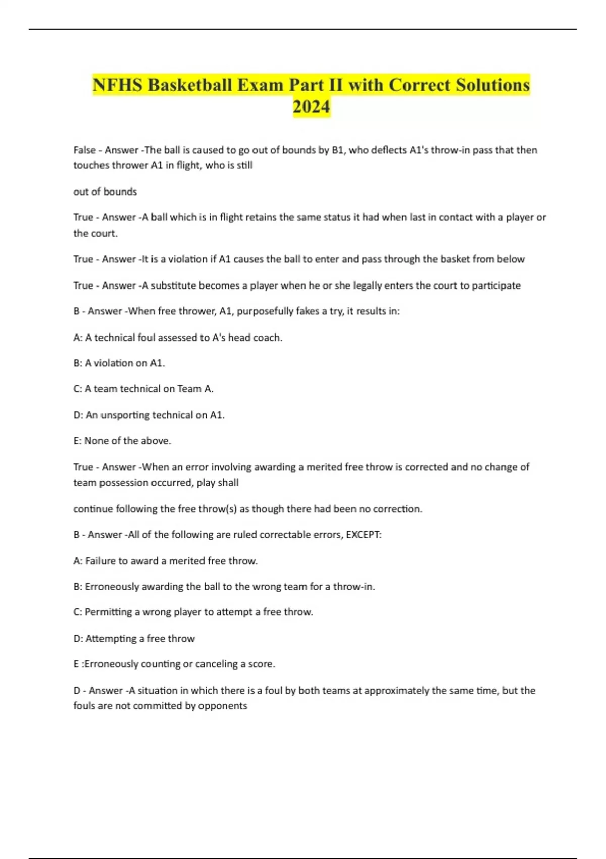 NFHS Basketball Exam Part II with Correct Solutions 2024 - NFHS ...