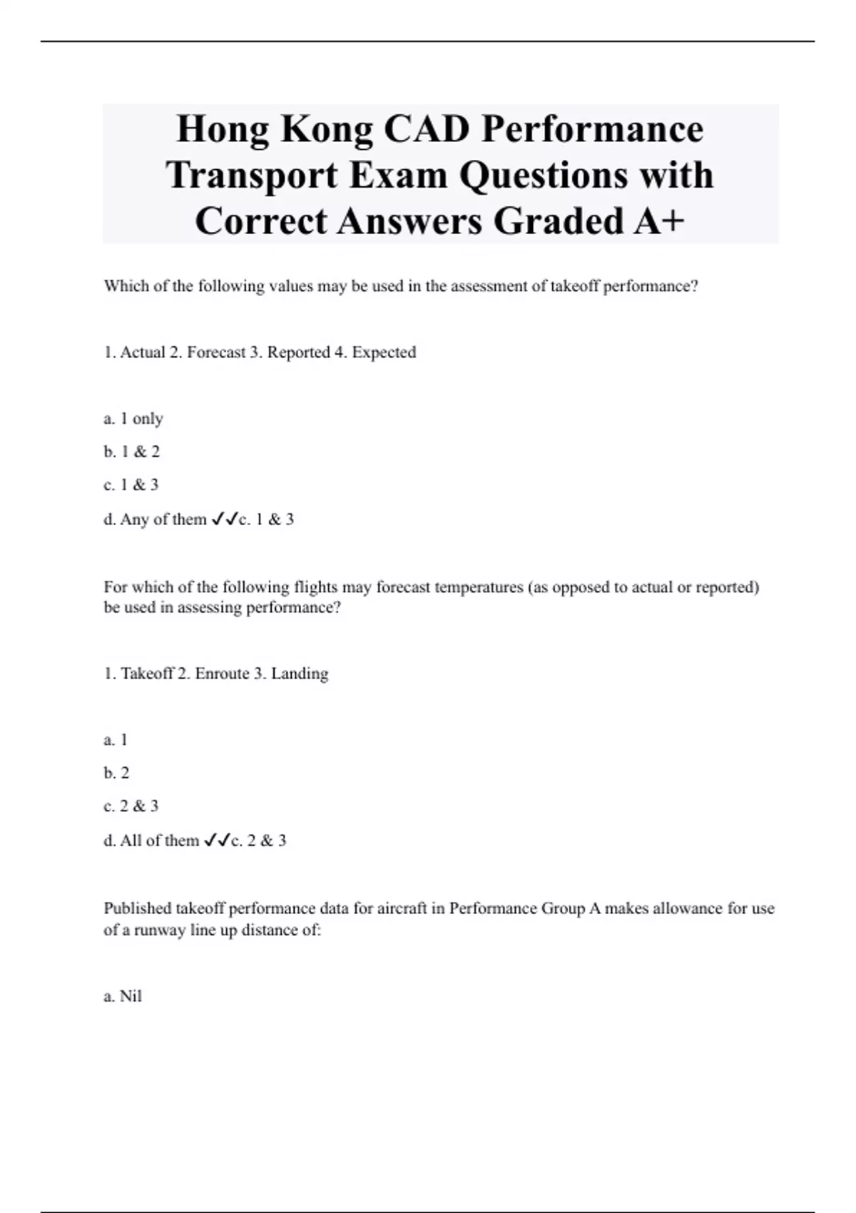 Hong Kong CAD Performance Transport Exam Questions with Correct Answers ...