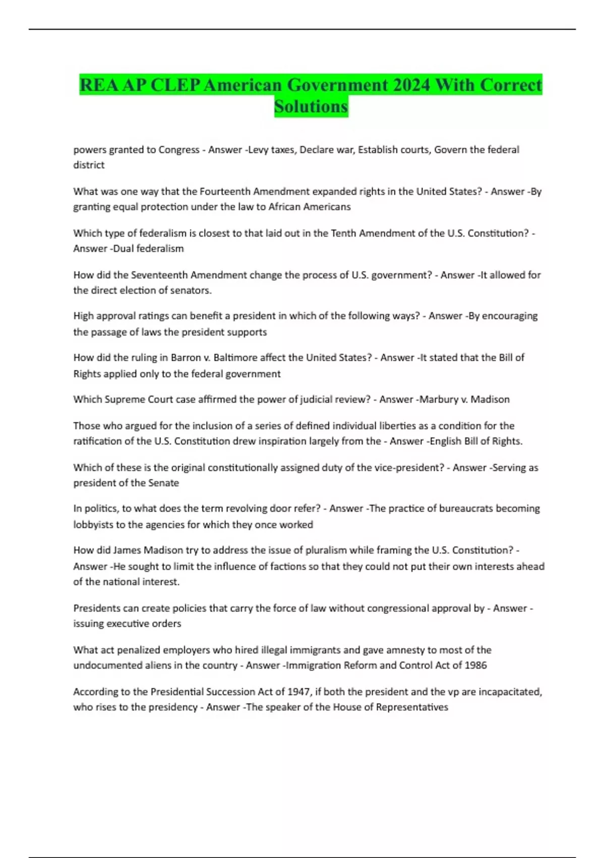 REA AP CLEP American Government 2024 With Correct Solutions - American Government Clep - Stuvia US