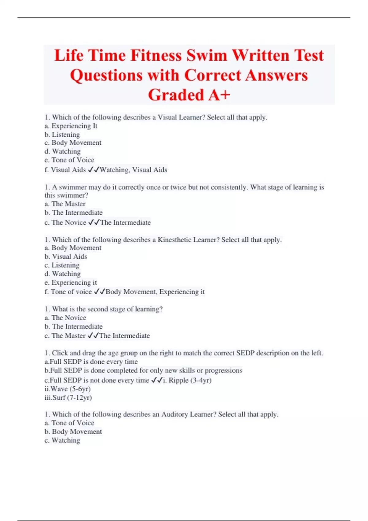 Life Time Fitness Swim Written Test Questions with Correct Answers ...