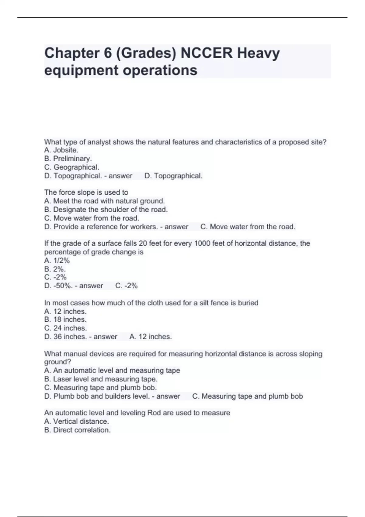 Chapter 6 (Grades) NCCER Heavy equipment operations questions with correct answers - NCCER ...