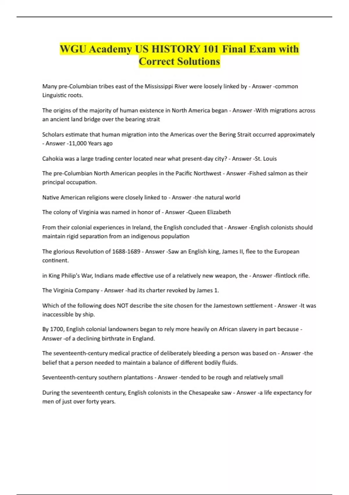 WGU Academy US HISTORY 101 Final Exam with Correct Solutions - WGU ...